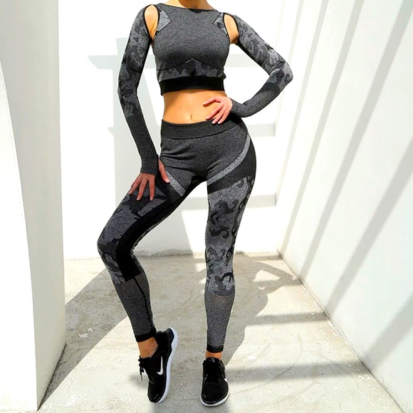 yoga | Pants & Jumpsuits | Seamless Camo Print Black And Grey Workout ...